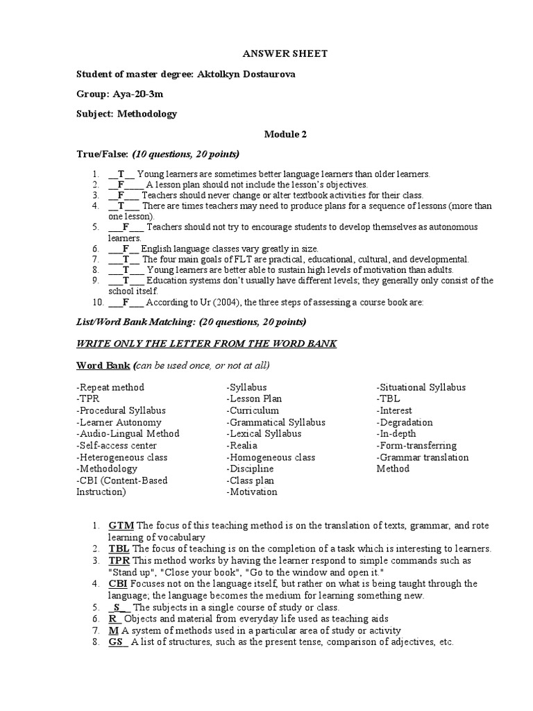List/Word Bank Matching: (20 Questions, 20 Points) Write Only The ...