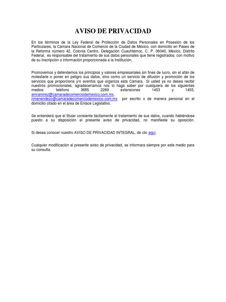 Aviso de Privacidad Cámara Comercio CDMX | PDF | Política