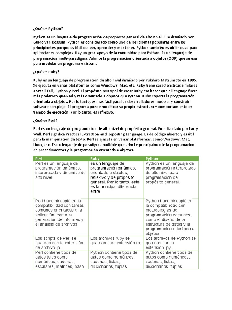 Diferencias de Python Ruby y Perl | PDF | Perl | Ruby (lenguaje de programación)