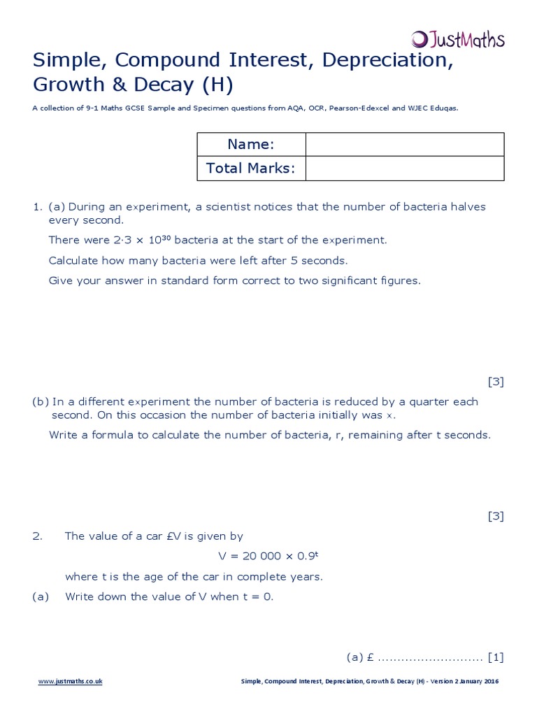 Simple, Compound Interest, Depreciation, Growth & Decay (H) : Name ...