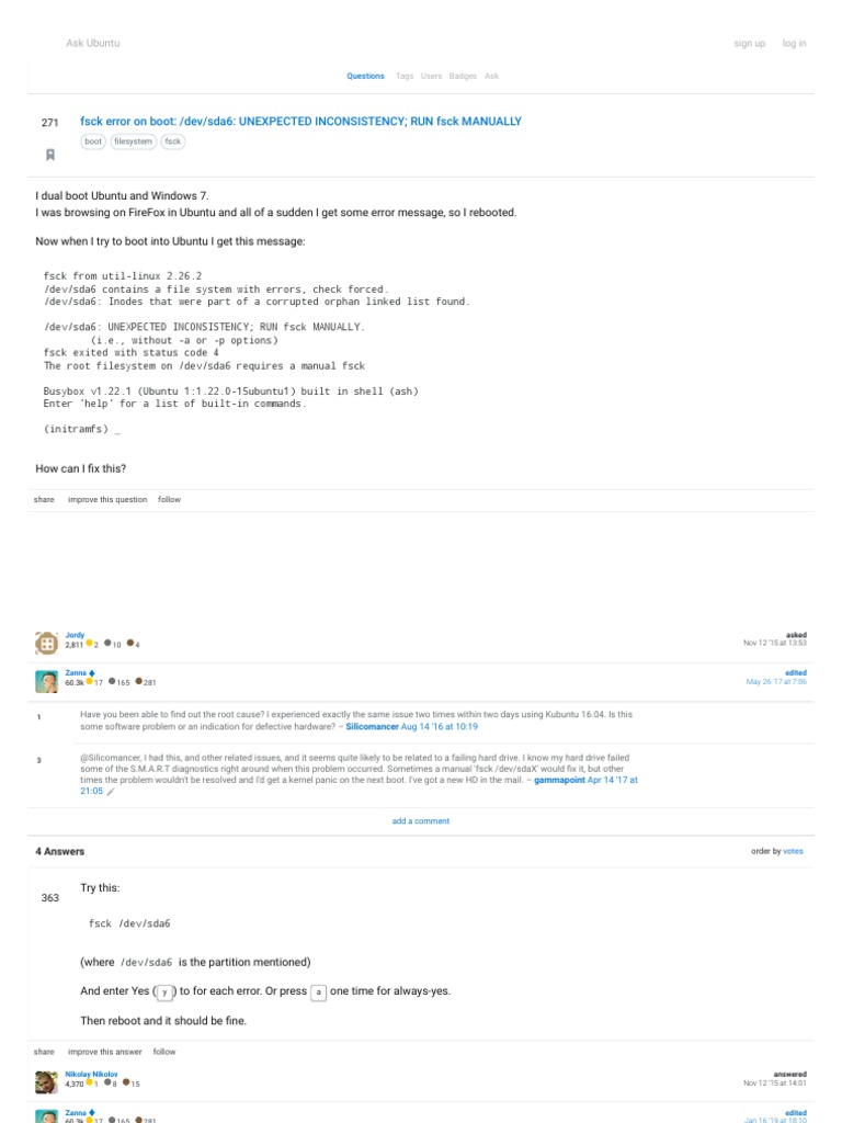 FSCK Error On Boot - Dev - Sda6 - UNEXPECTED INCONSISTENCY RUN FSCK MANUALLY - Ask Ubuntu | PDF ...