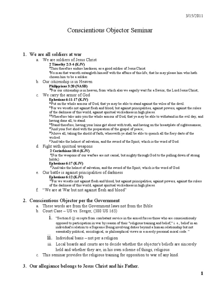 Conscientious Objector Seminar | PDF | Armor Of God | Bible Content