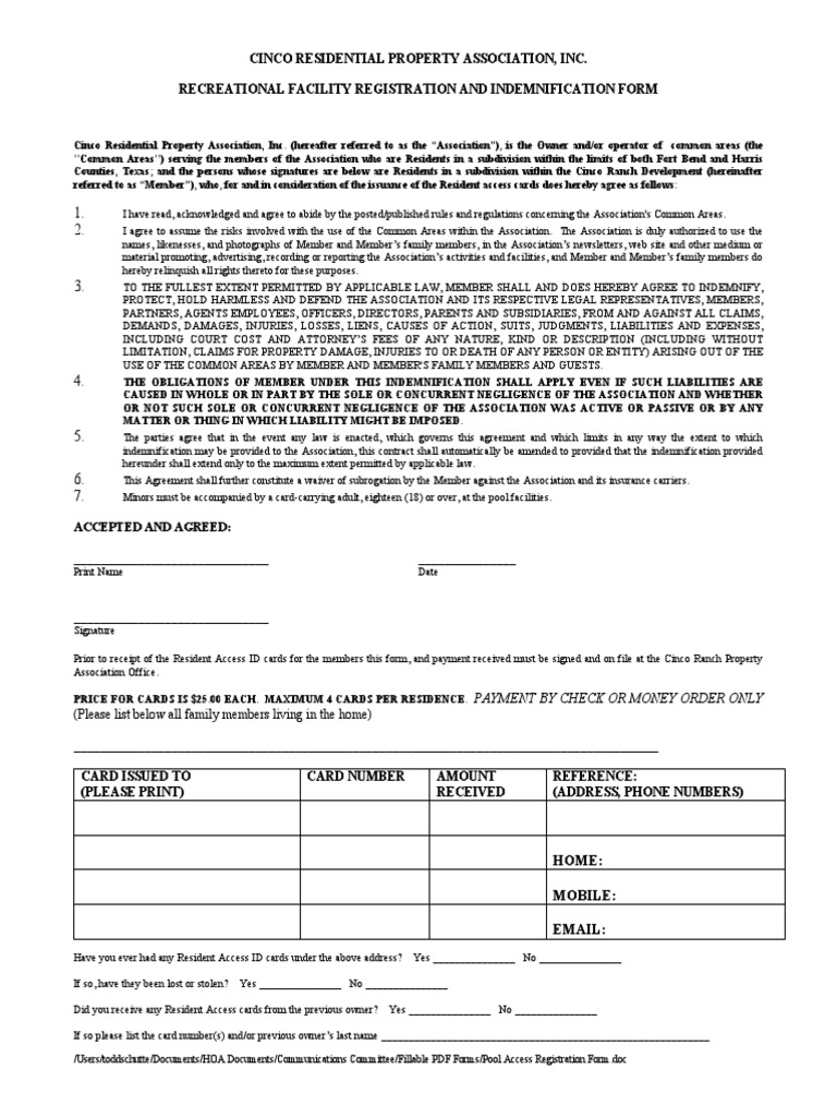 Cinco Ranch Pool Access Registration Form | PDF | Indemnity | Business Law
