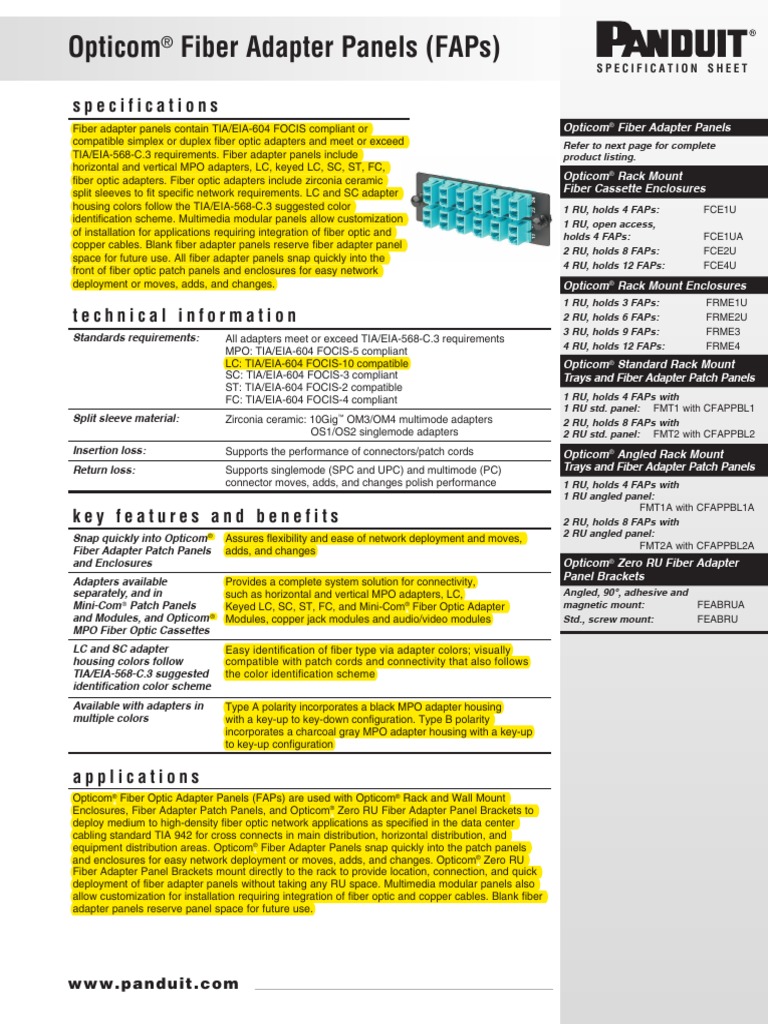 Opticom Fiber Adapter Panels (Faps) : Specifications | PDF | Optical ...