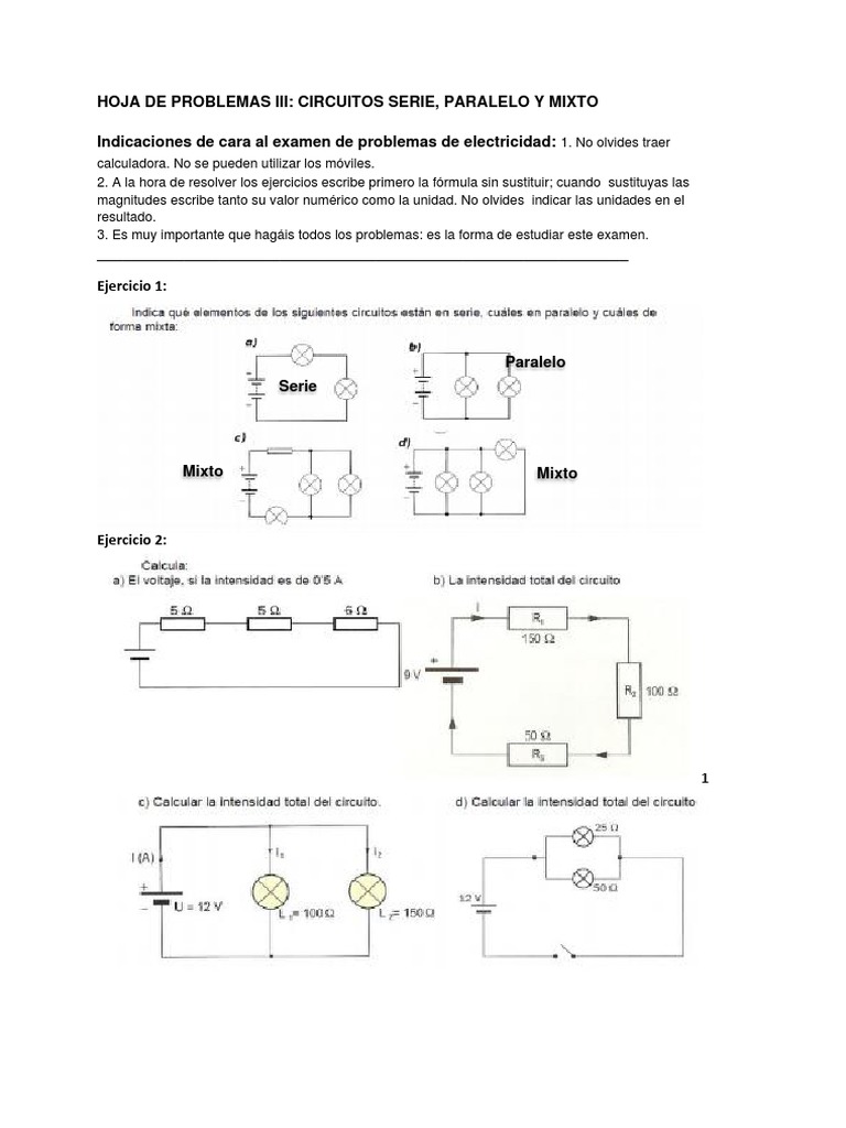 Hoja De Trabajo De Circuitos En Paralelo Y En Serie