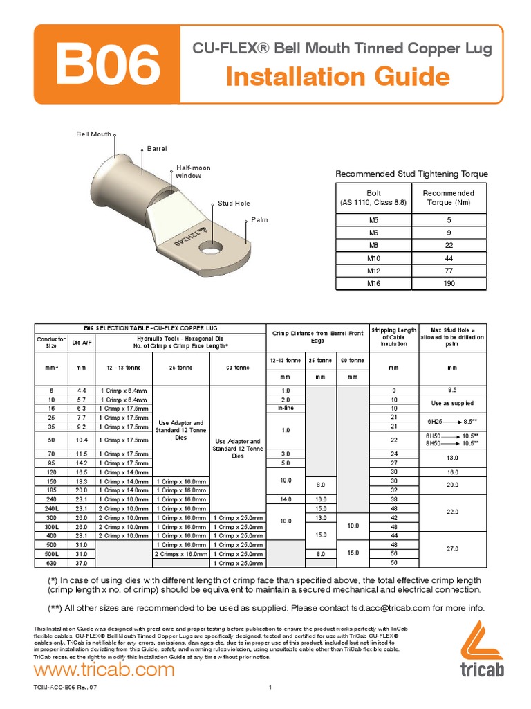 Installation Guide: CU-FLEX® Bell Mouth Tinned Copper Lug | PDF ...