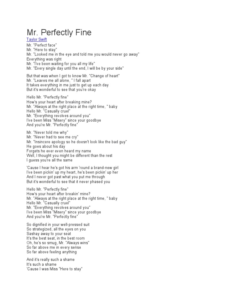 Taylor Swift's "Mr. Perfectly Fine" Lyrics | PDF | Poetry