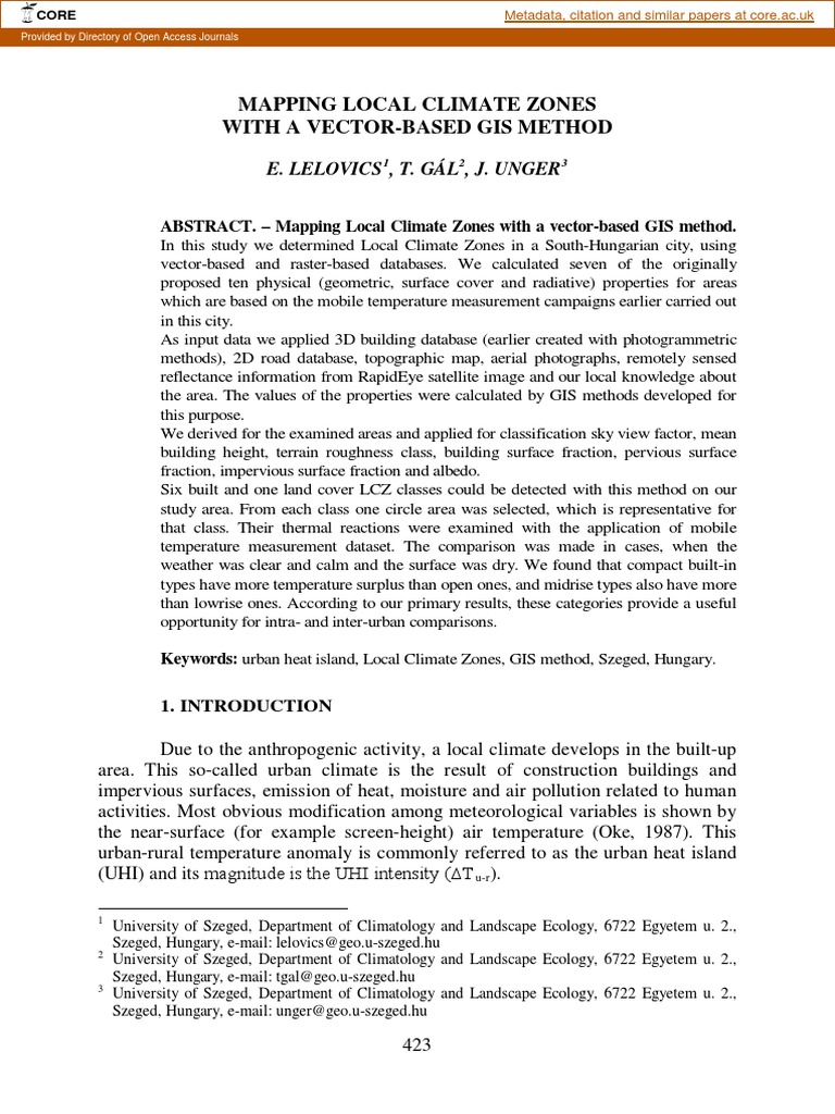 Mapping Local Climate Zones With A Vector-Based Gis Method: E. Lelovics ...