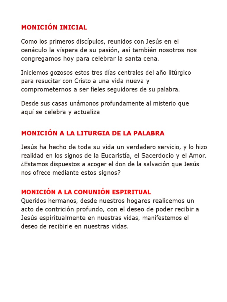 MONICIONES y ORACION DE LOS FIELES JUEVES SANTO | PDF | eucaristía | Misa (liturgia)