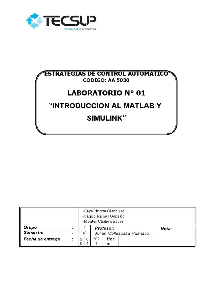 Laboratorio N°1 Introducción Al Matlab - Simulink - 2021 - 1 | PDF | Matlab | Matriz (Matemáticas)