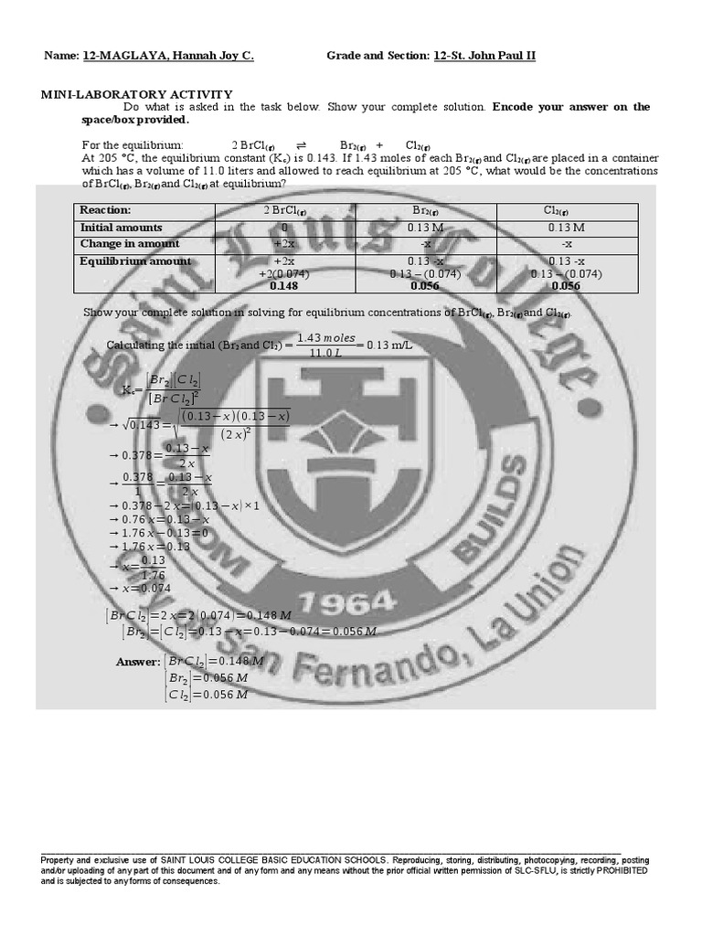 Gen Chem Module 13 Mini Lab Activity | PDF | Chemical Equilibrium ...