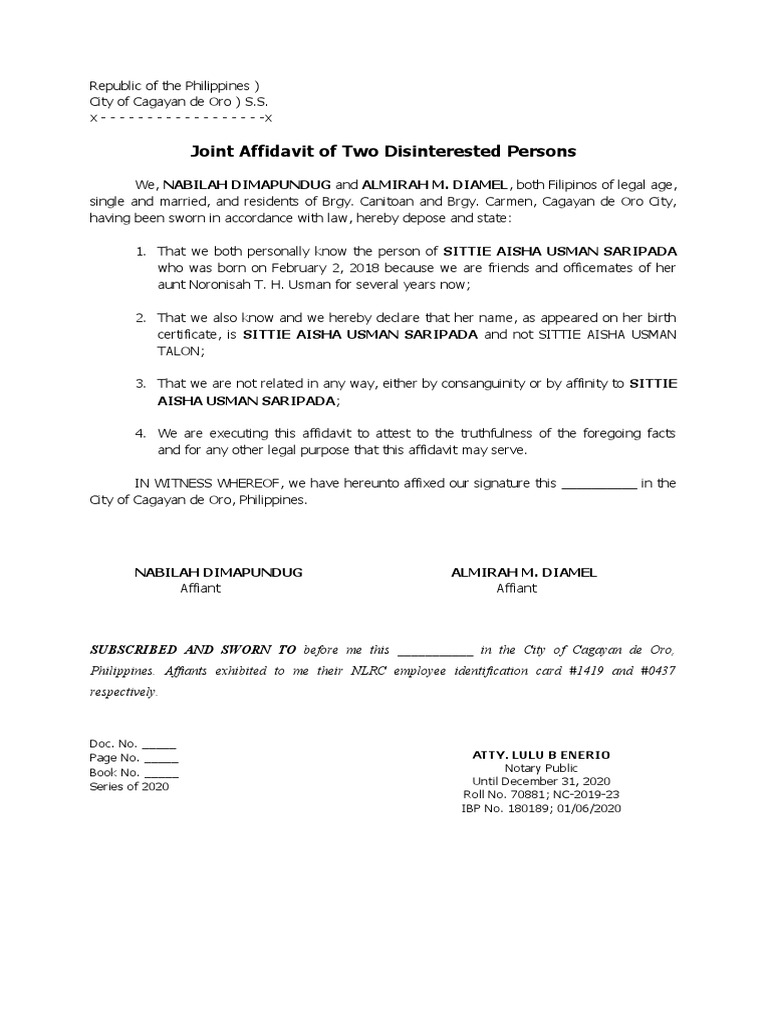 Affidavit of Two Disinterested Persons | PDF
