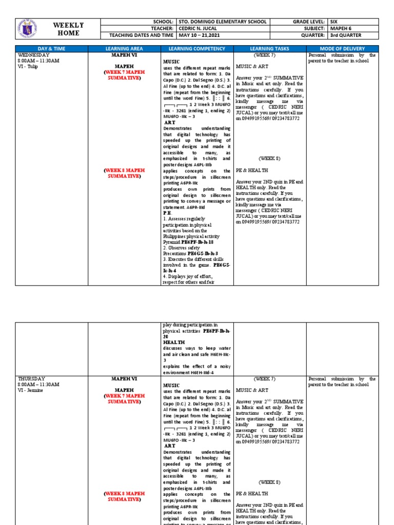 Weekly Home: Day & Time Learning Area Learning Competency Learning ...