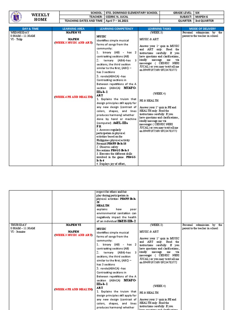 Weekly Home: Day & Time Learning Area Learning Competency Learning ...