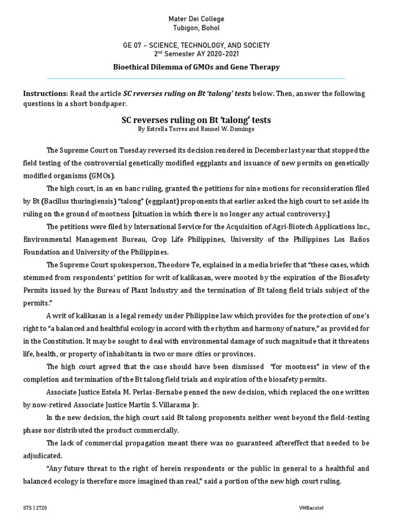 Supreme Court Ruling on Bt Talong GMOs | PDF | Gene Therapy | Viral Vector