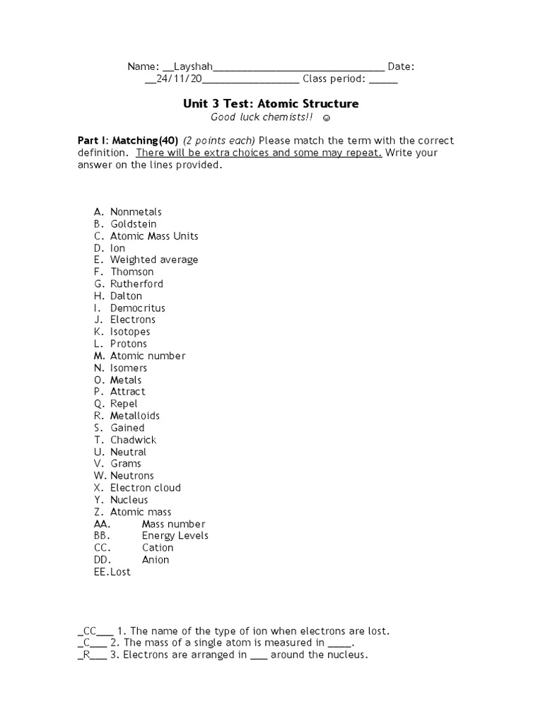 Unit 3 Test: Atomic Structure: Part I: Matching (40) (2 Points Each ...