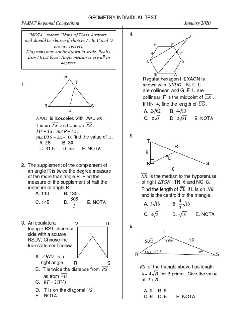 T - 2020 Jan GEOM Indiv W Sol | PDF | Triangle | Triangle Geometry