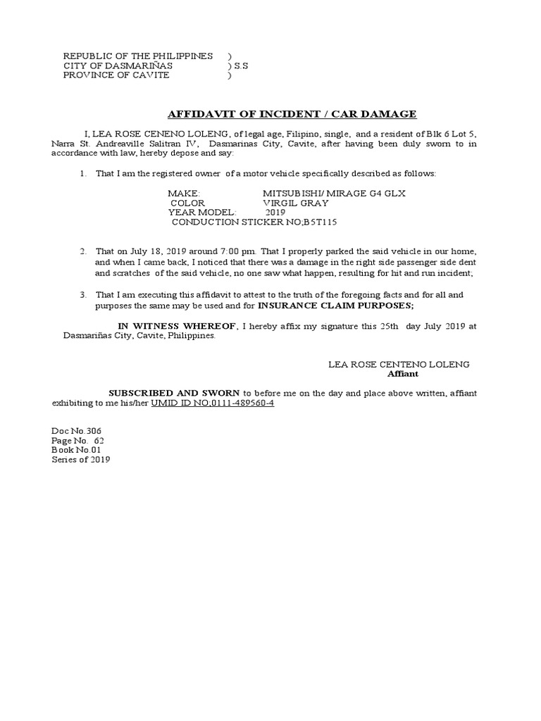 Affidavit of Incident / Car Damage | PDF