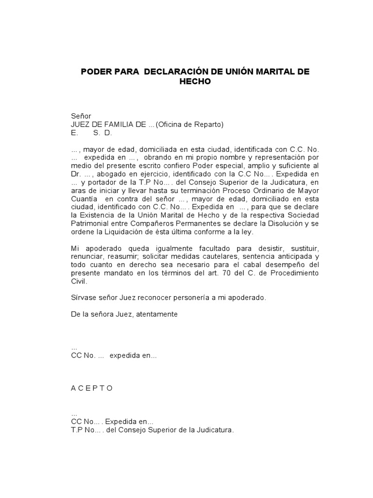 Poder para Declaración de Unión Marital de Hecho. | PDF