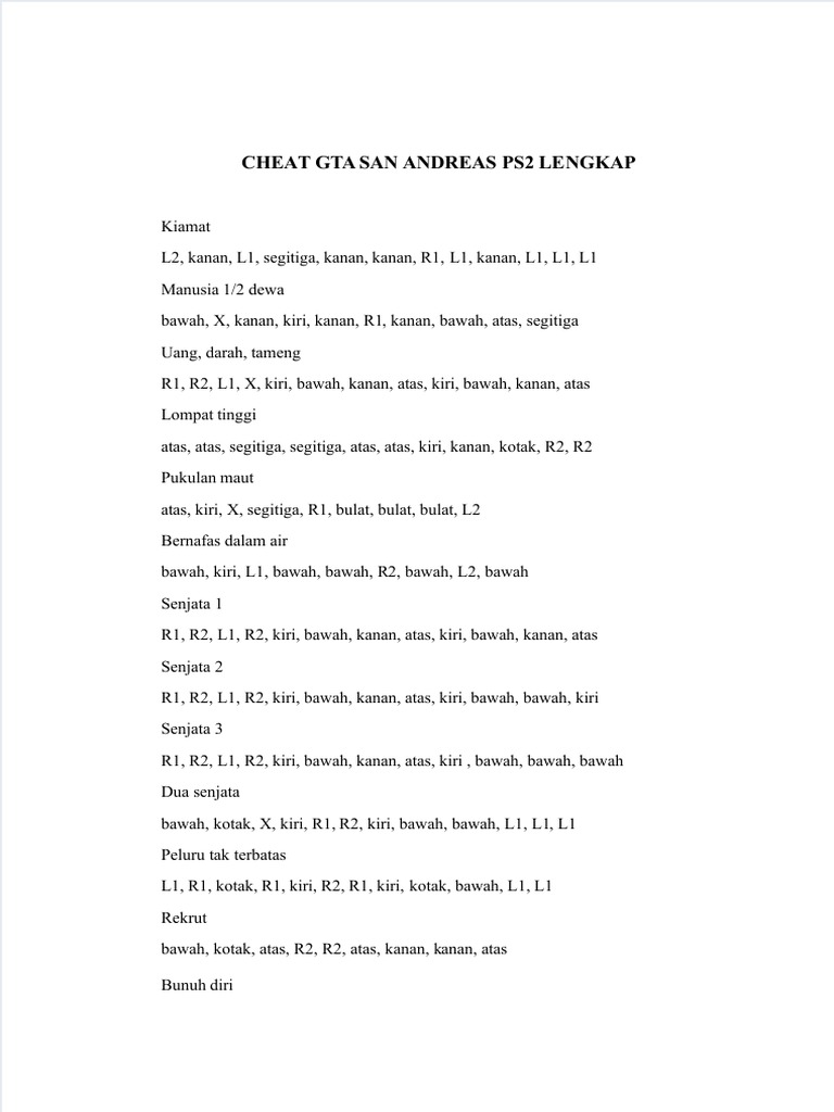 Dokumen - Tips Cheat Gta San Andreas Ps2 Lengkap 5612e461e3053 | PDF