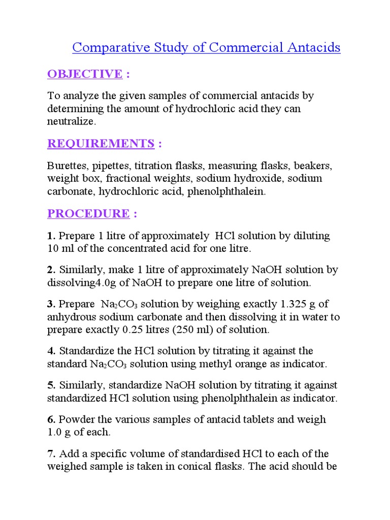 Comparative Study of Commercial Antacids: Objective | PDF | Chemistry | Titration