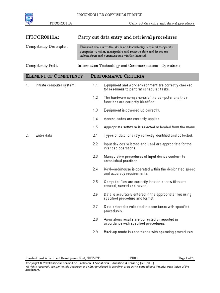 Carry Out Data Entry and Retrieval Procedures (LG-ITICOR0011A) | PDF ...