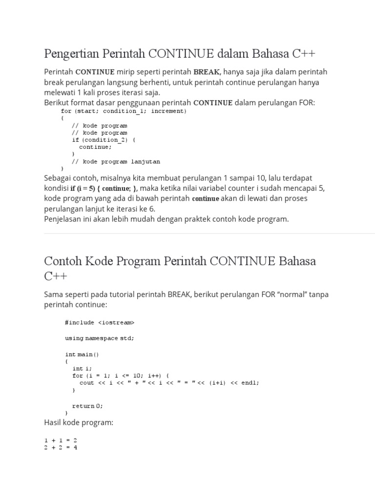 Pengertian Perintah CONTINUE Dalam Bahasa C | PDF | Komputer