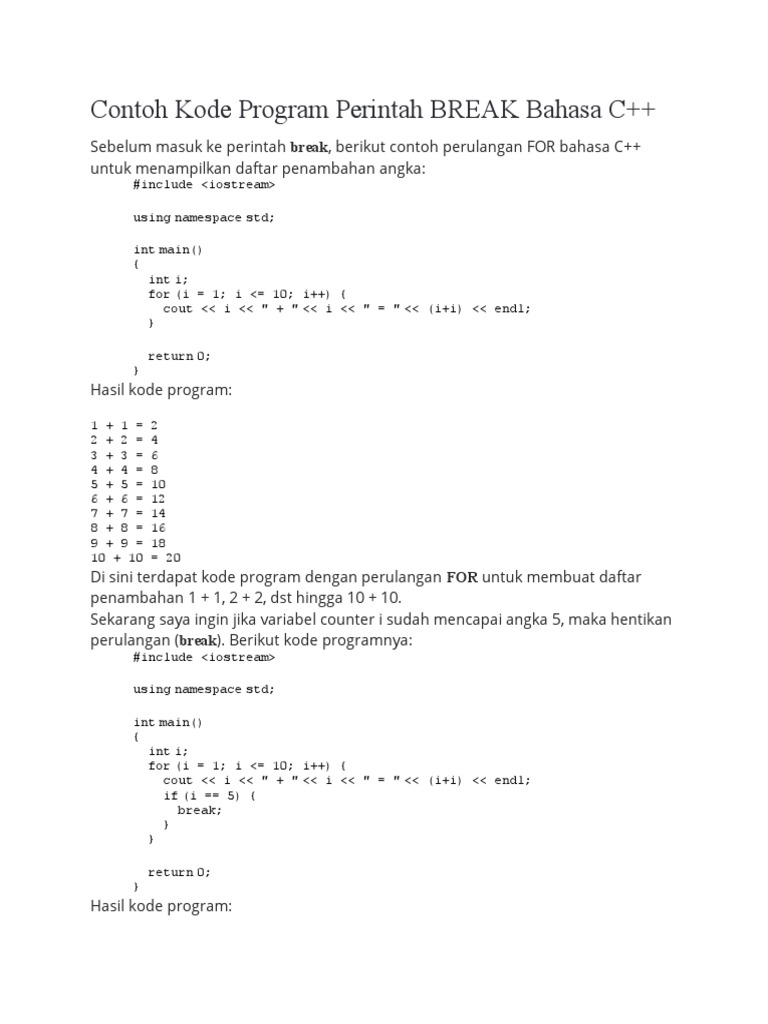 Contoh Kode Program Perintah BREAK Bahasa C | PDF
