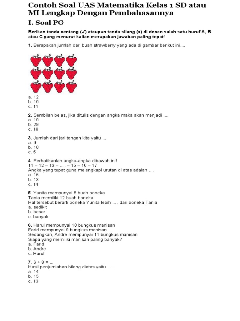 Contoh Soal UAS Matematika Kelas 1 SD Atau MI Lengkap Dengan Pembahasannya | PDF