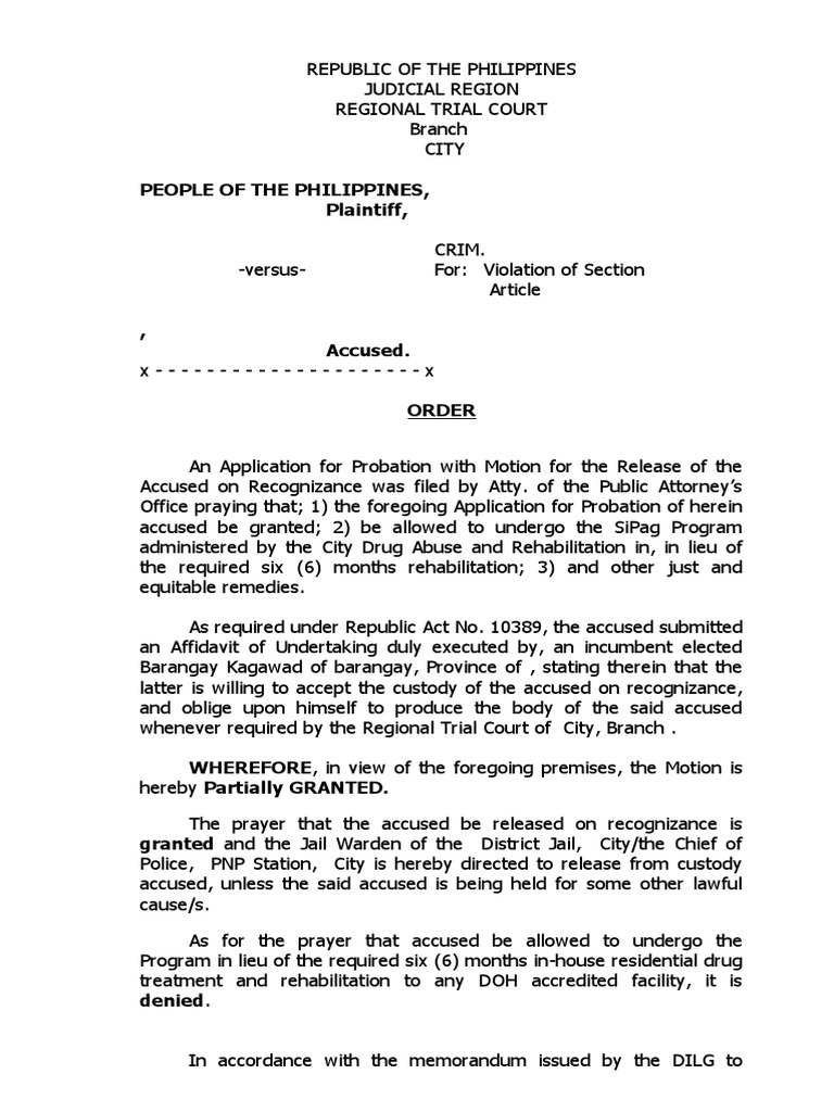 Application For Probation With Motion For The Release of The Accused On ...