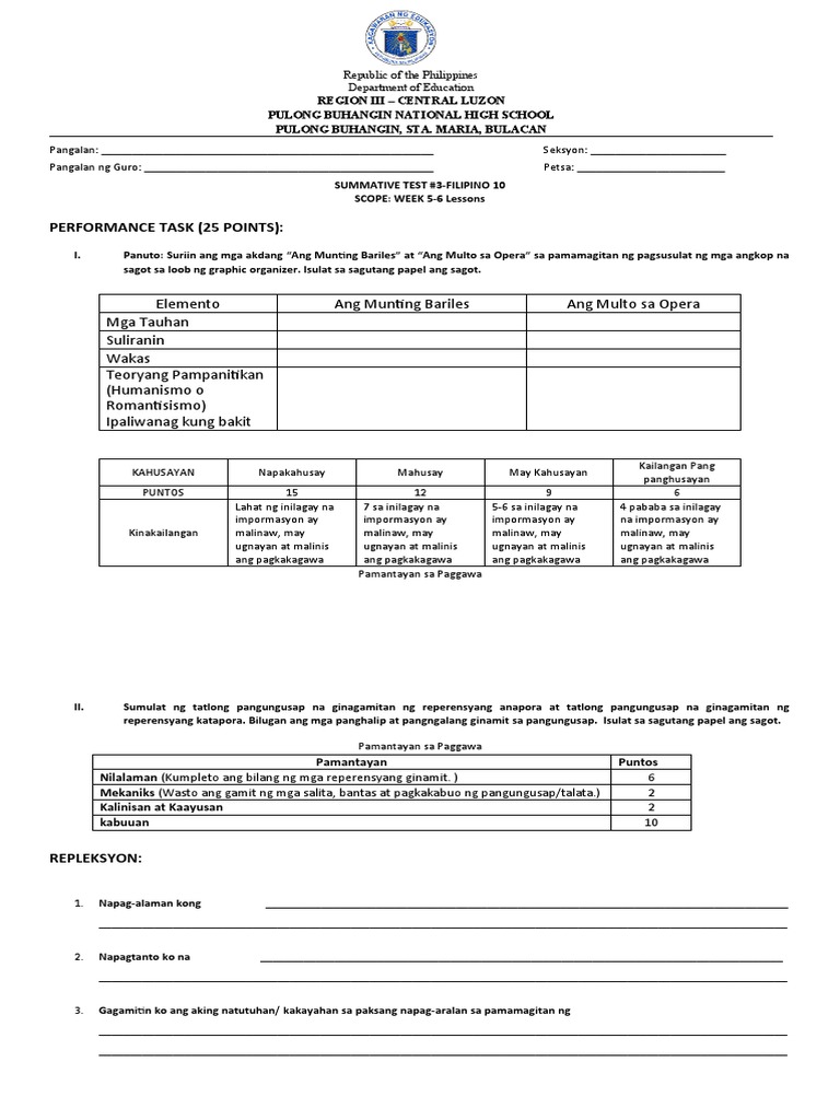Summative Test 3 Filipino 10 Performance Task | PDF