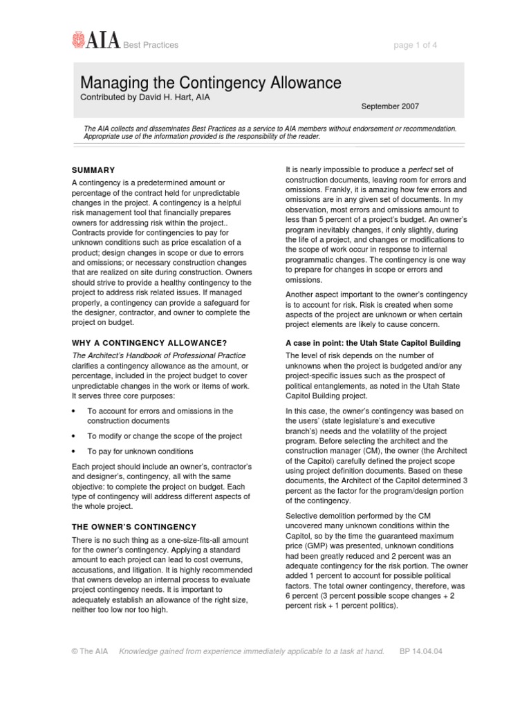 Managing The Contingency Allowance: Contributed by David H. Hart, AIA ...
