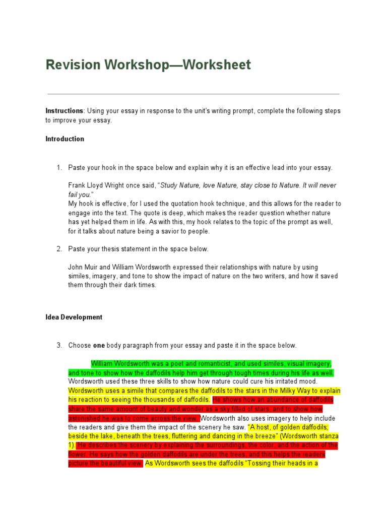 Workshop Worksheet for Essay Revision | PDF | Poetry | Essays