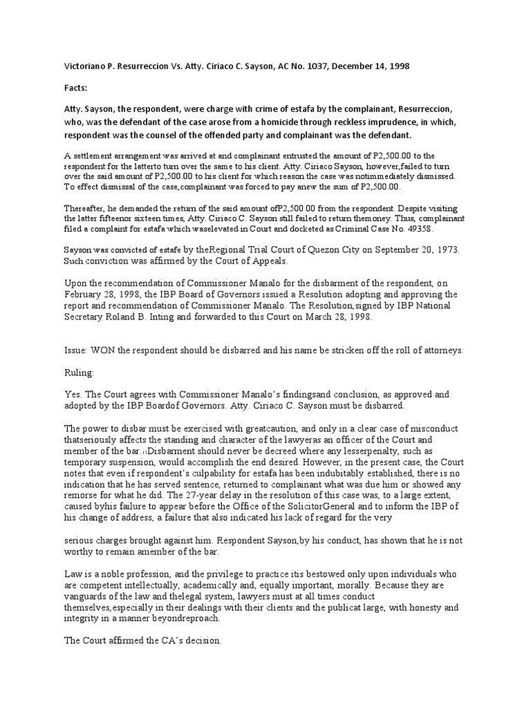 Case Digest - Resurrecion vs. Sayson, AC No. 1037, December 14, 1998 | PDF | Disbarment | Lawyer