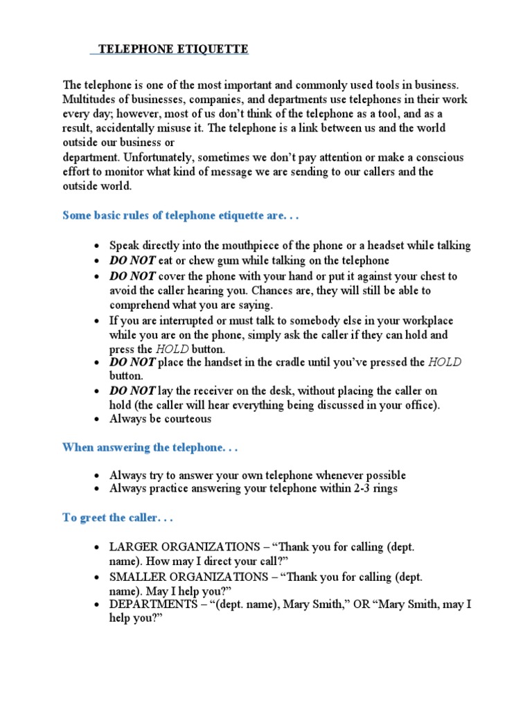 Some Basic Rules of Telephone Etiquette Are. . | Download Free PDF ...