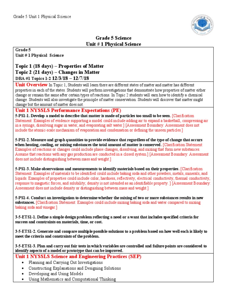 Grade 5 Unit 1 Overview Physical Science 2018.19 | PDF | Differentiated ...