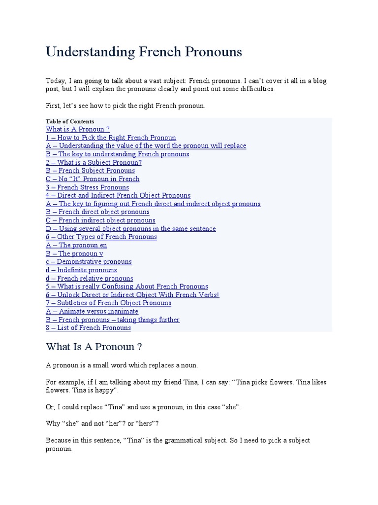 Understanding French Pronouns: What Is A Pronoun ? | PDF | Grammatical ...