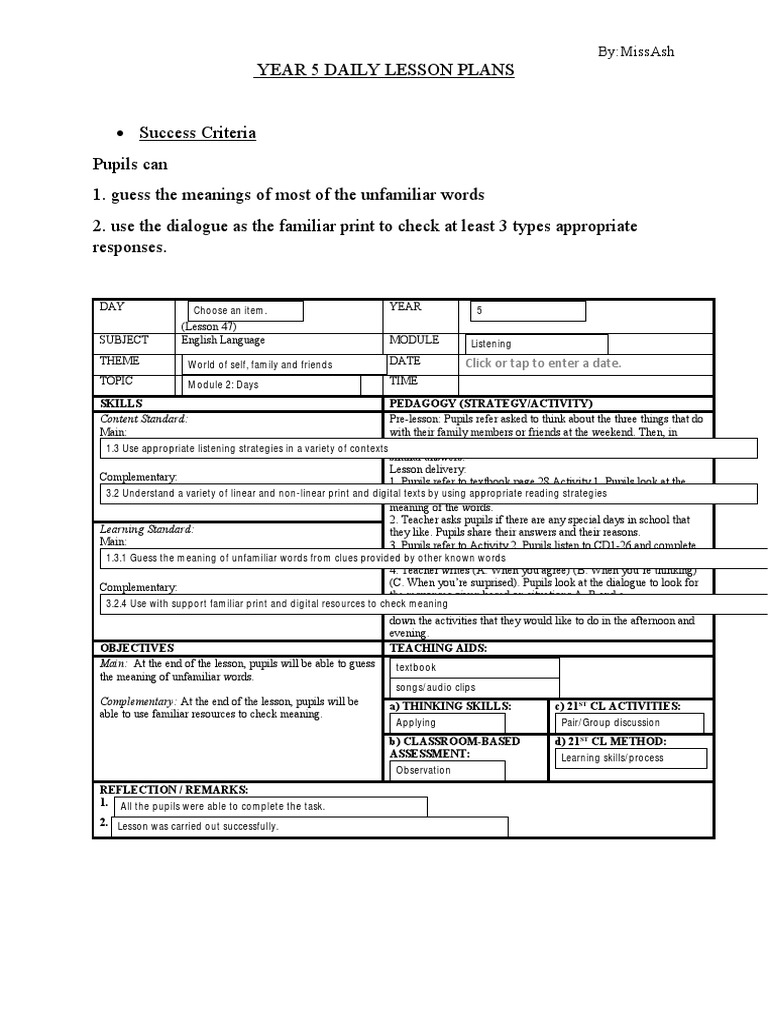 Year 5 Daily Lesson Plans: By:Missash | PDF | Lesson Plan | Pedagogy