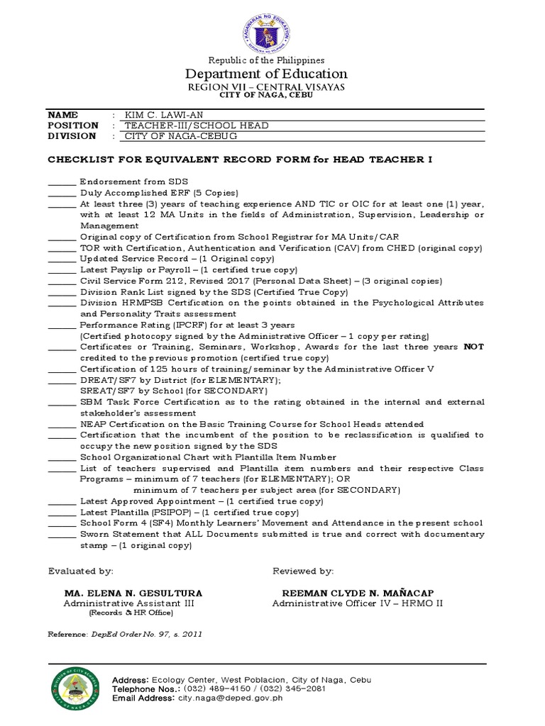 Department of Education: Checklist For Equivalent Record Form For Head ...