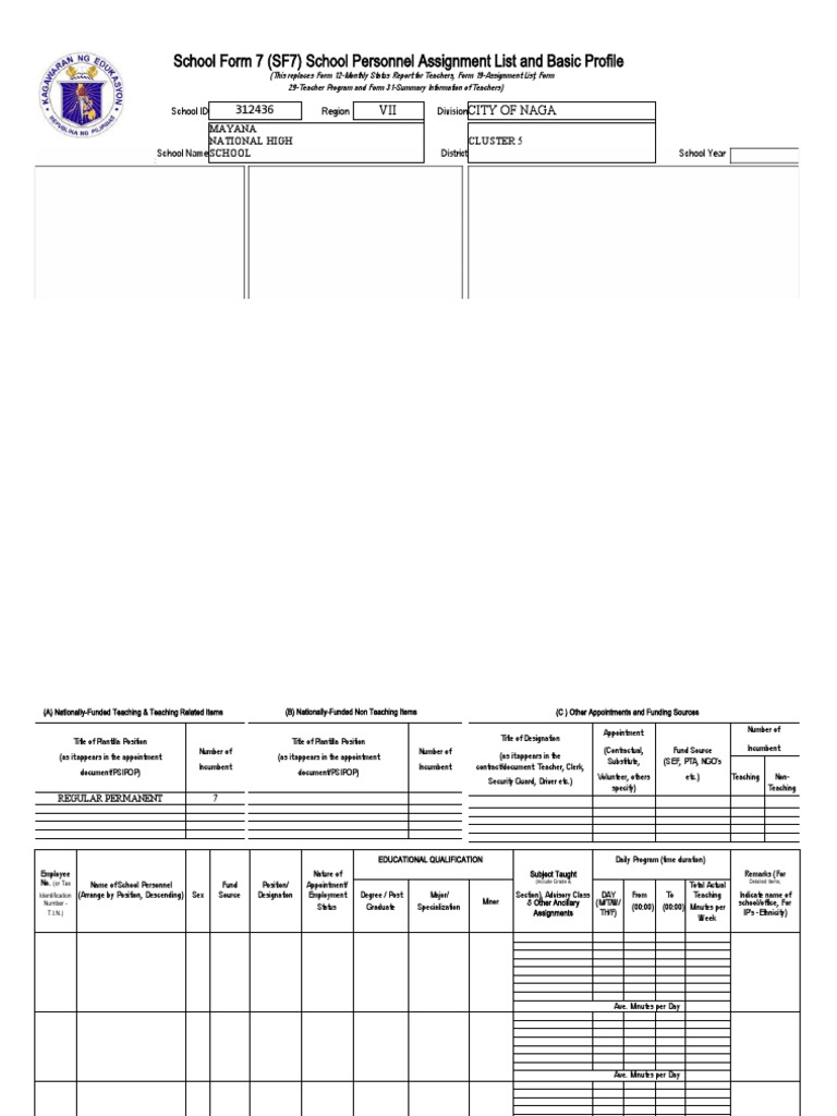 School Form 7 (SF7) School Personnel Assignment List and Basic Profile ...