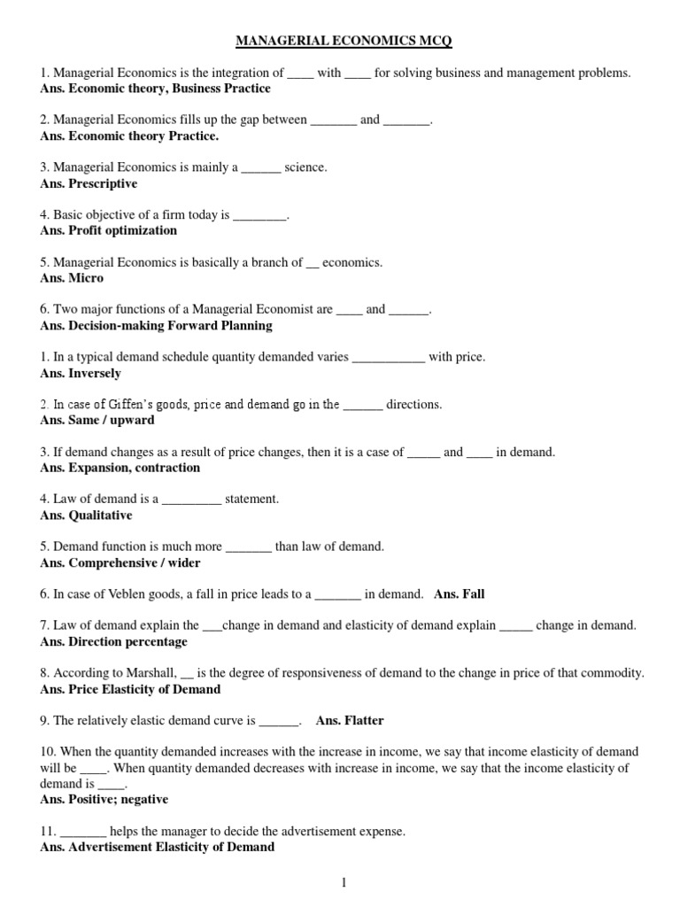 Managerial Economics MCQs and Answers | PDF | Demand | Price Elasticity ...
