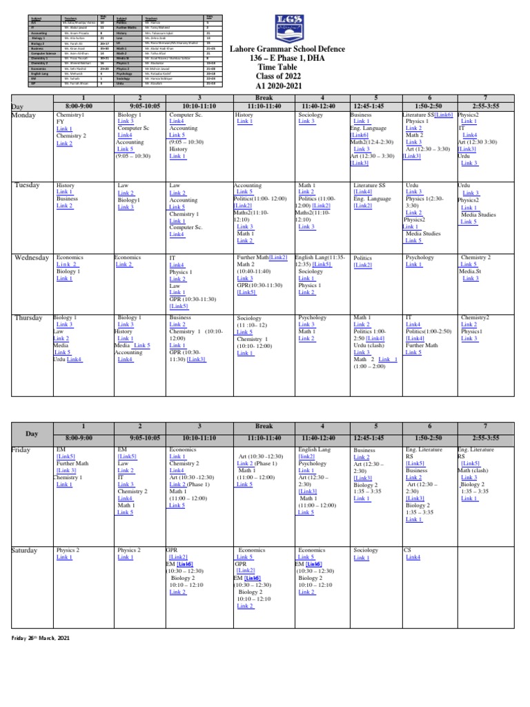 29th March - 3rd April Timetable - A1 2022-P1 | PDF | Science