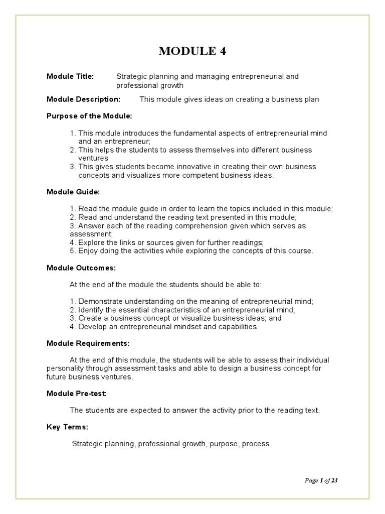 Entrep Module 4 | PDF | Swot Analysis | Strategic Planning