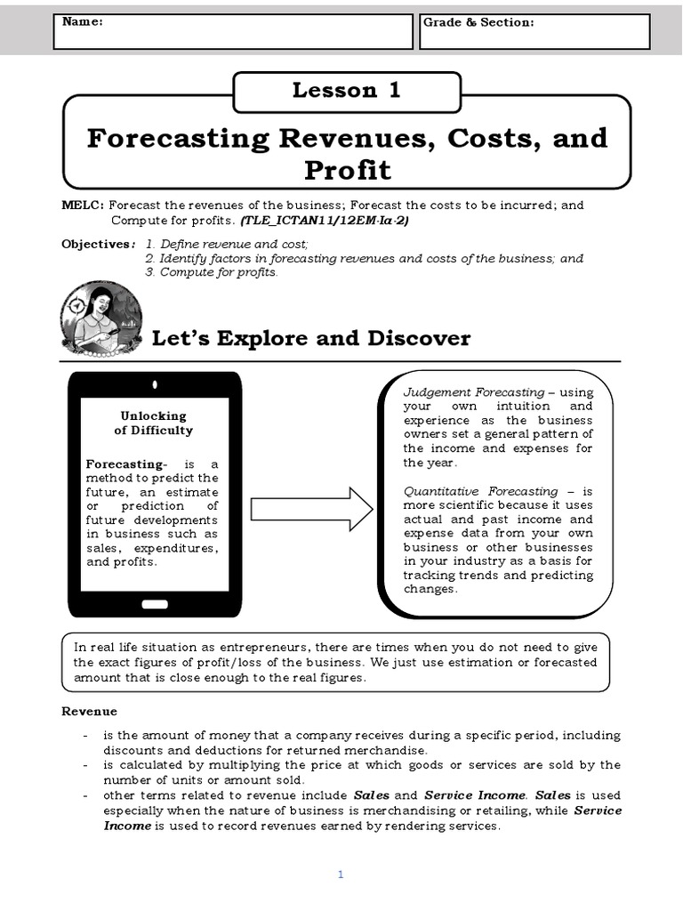 Forecasting Revenues, Costs, and Profit: Lesson 1 | PDF | Cost Of Goods ...
