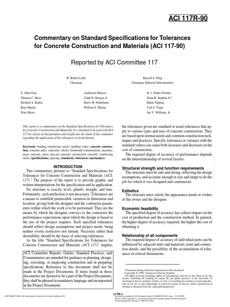 Commentary On Standard Specifications For Tolerances For Concrete ...
