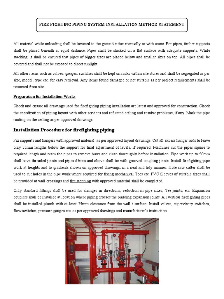 Fire Fighting Piping System Installation Method Statement | PDF | Firefighting | Pipe (Fluid ...