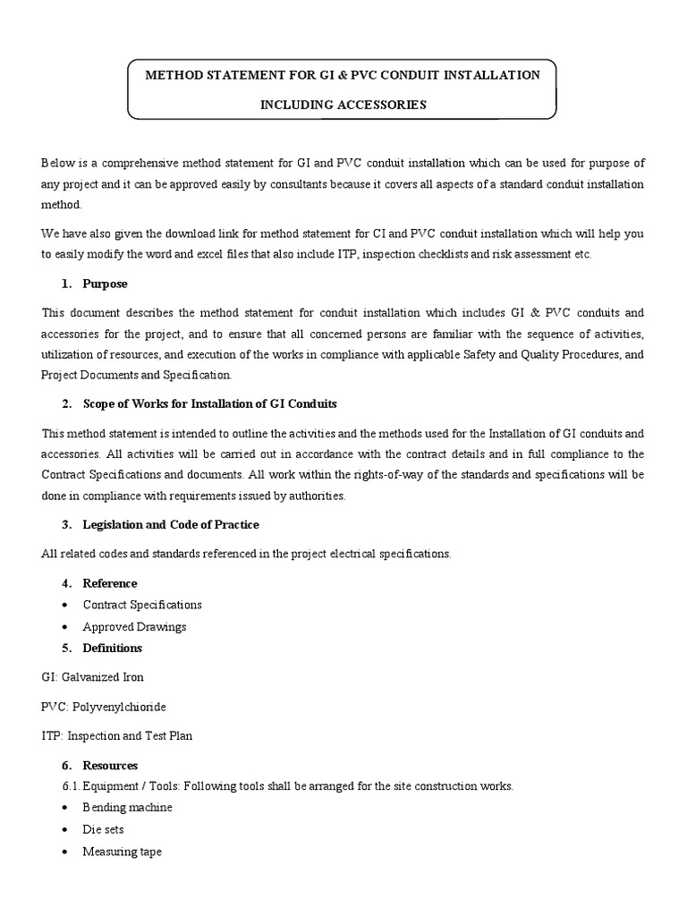 A Comprehensive Method Statement for the Installation of GI and PVC Conduits and Accessories ...