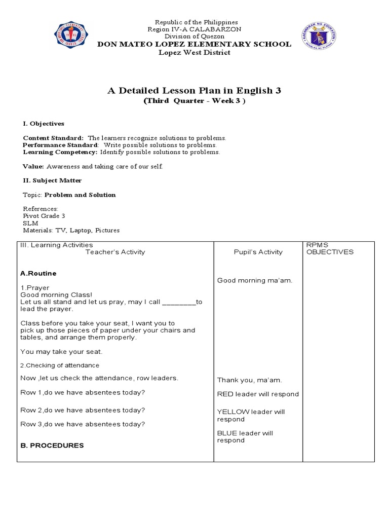 A Detailed Lesson Plan in English 3: Don Mateo Lopez Elementary School ...