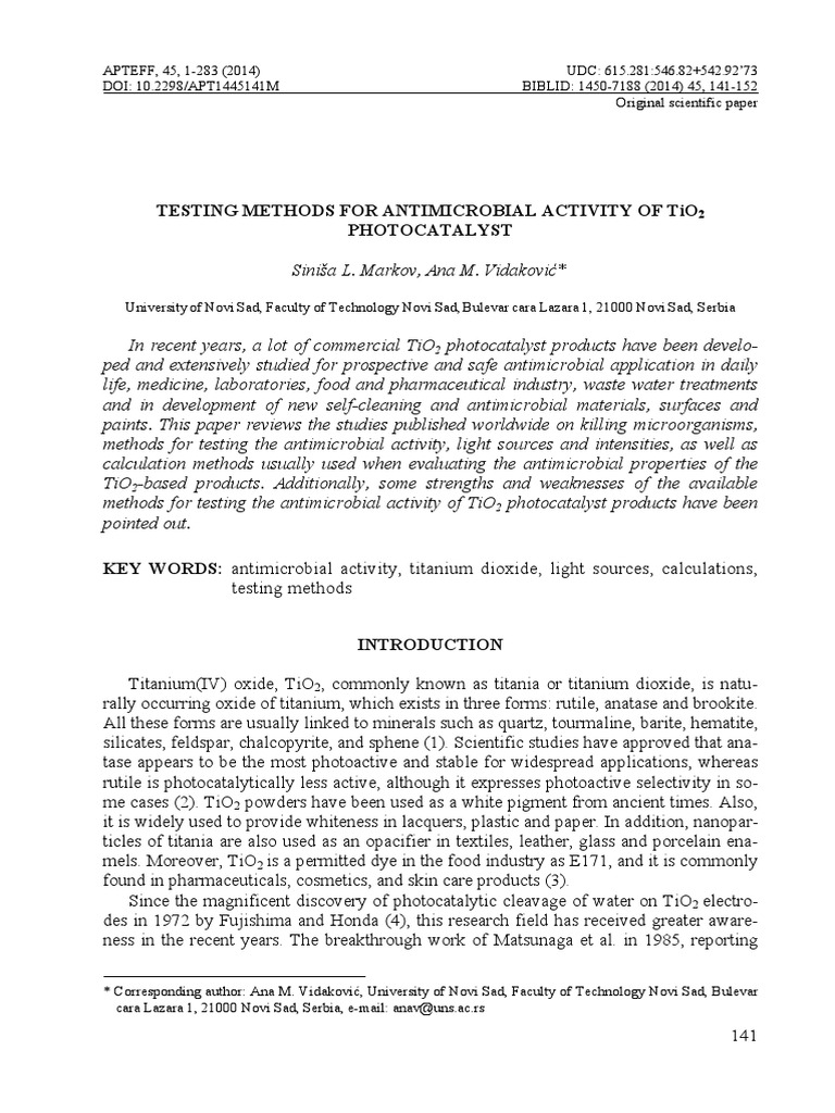 Testing Methods For Antimicrobial Activity Of Tio Photocatalyst