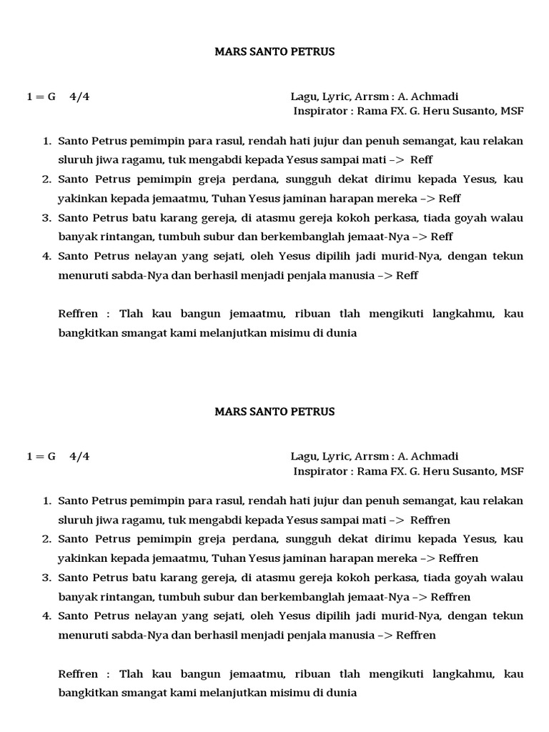 Mars Santo Petrus: Lagu Inspiratif Gereja | PDF